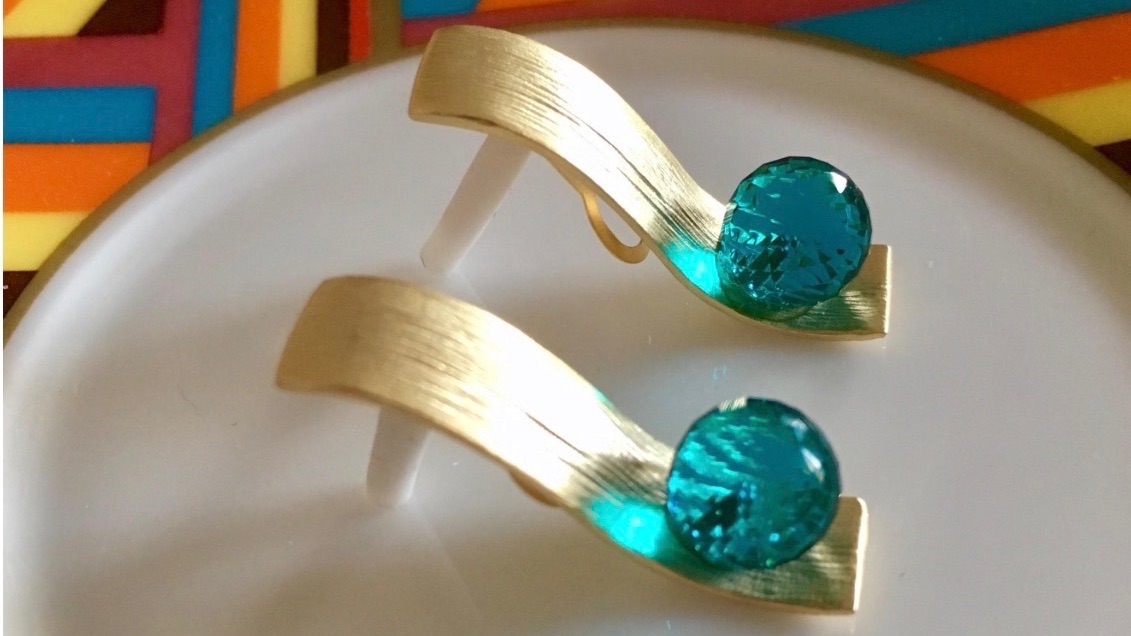 Серьги геометрические,14 К позолоченные с гидрокварцем