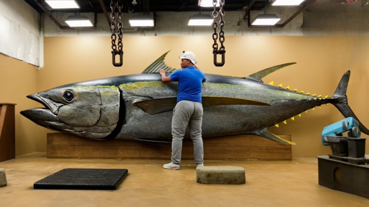 Демонстрация разделки гигантского голубого тунца весом 500 фунтов — невероятное мастерство разделки