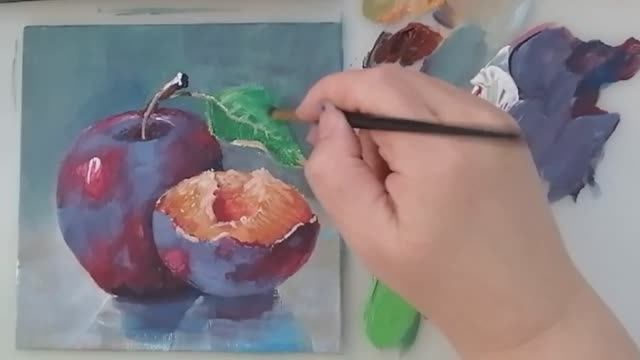 Реалистичное рисование фруктов. Акрил. Слива. Живопись для начинающих.