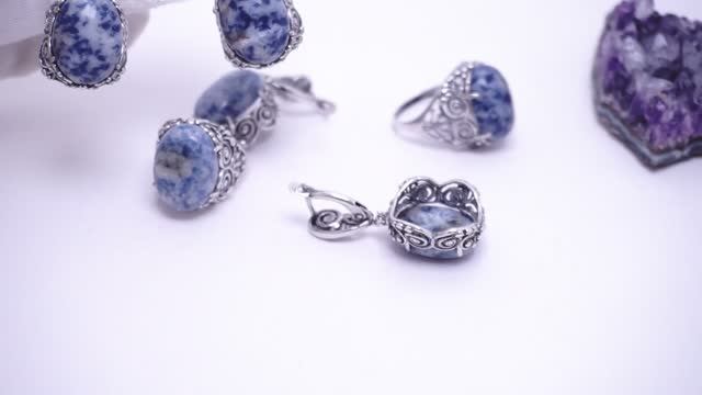 Гарнитур серьги и кольцо лазурит посеребрение комплект 4136 Хорошие Вещи