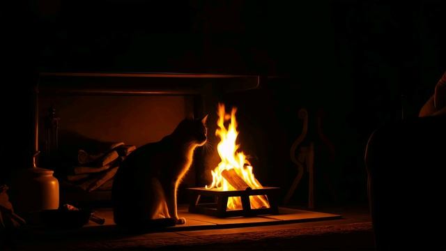 Камин, гроза, мурлыкающий кот асмр