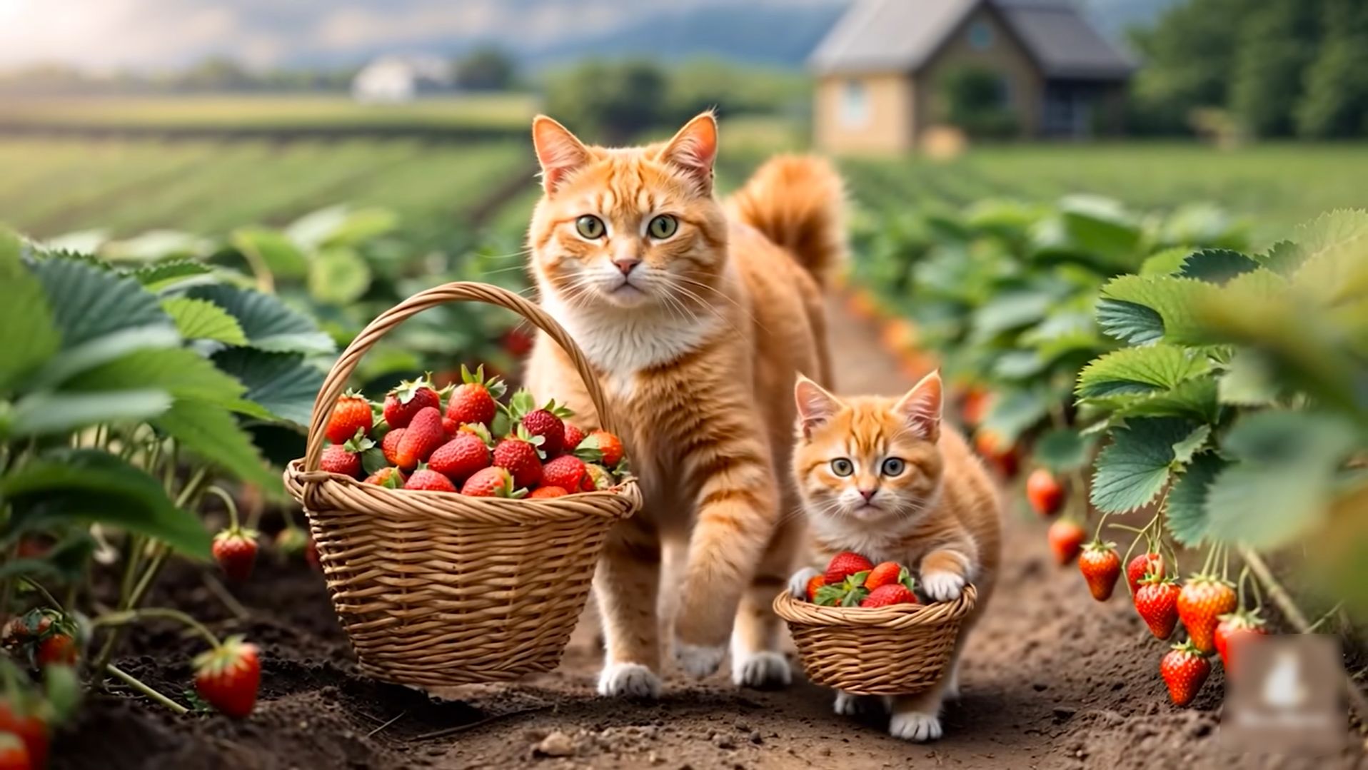 😹Мама кошечка со своим маленьким котёночком собирают апельсины и вкусную сочную клубнику🔥