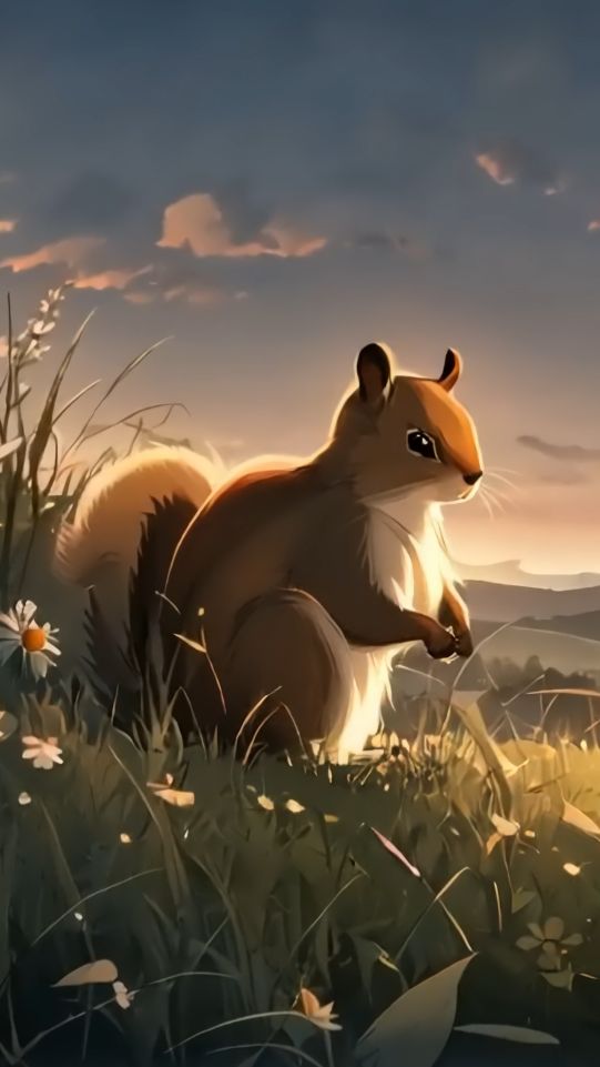 Белка сидит на лугу