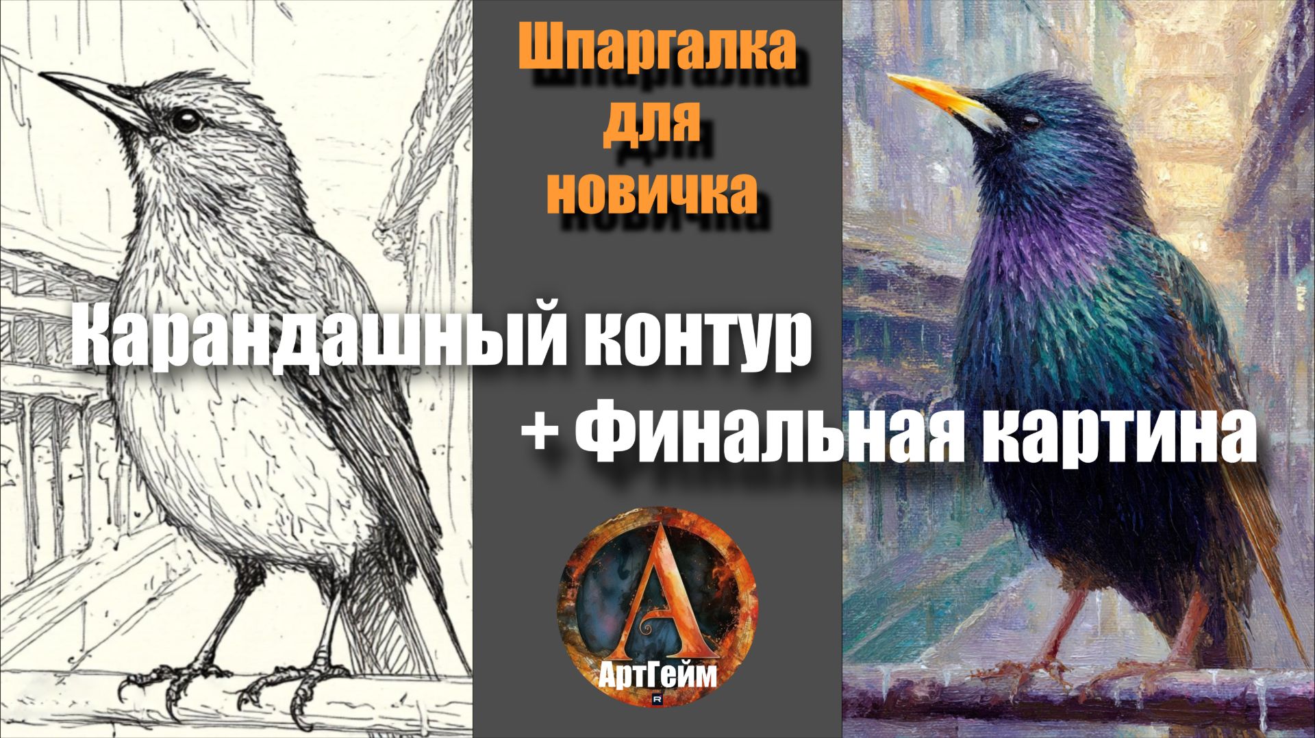 🖌️ РИСУЕМ СКВОРЦА 🎨В помощь начинающим — кисти, основные цвета, карандашный эскиз, готовая работа