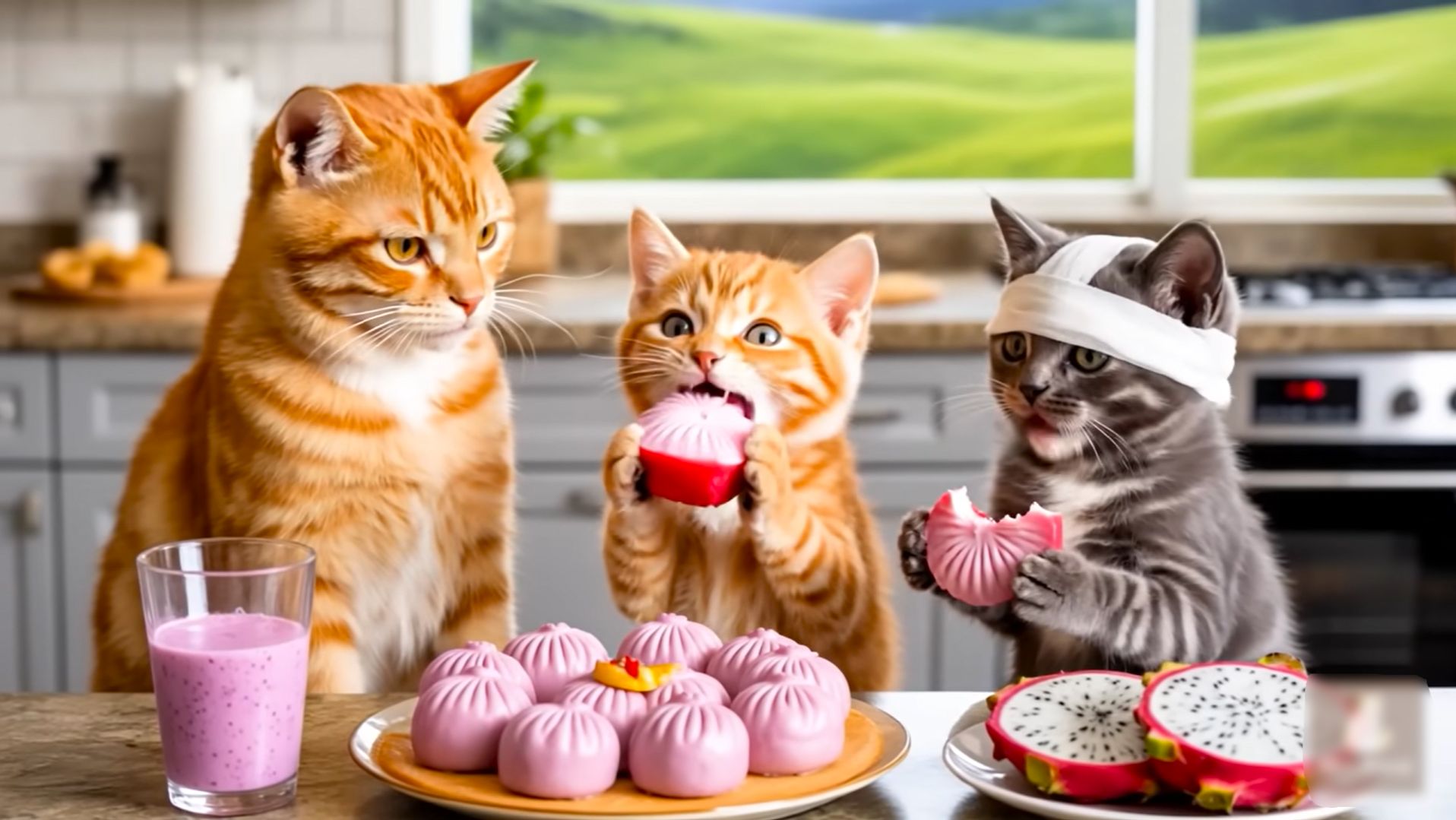 😹Мама кошечка кормит своих маленьких котяток вкусными пирожными из питахаи🔥