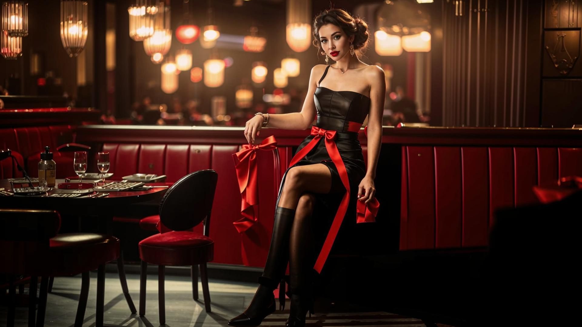 Появилась Лариса, сегодня она в вечернем платье. Чёрный бархат, красный бант, красные туфли...