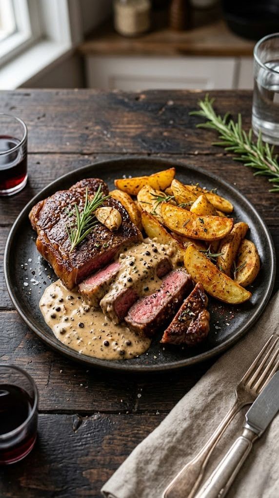 Стриплойн с Хрустящим Картофелем по-деревенски.  Ингредиенты в описании.