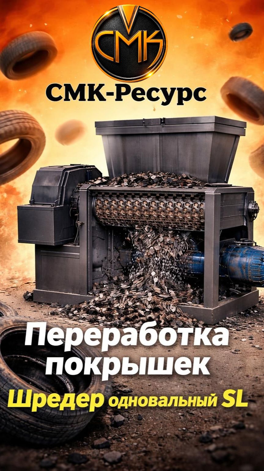 Шредер одновальный Переработка автопокрышек