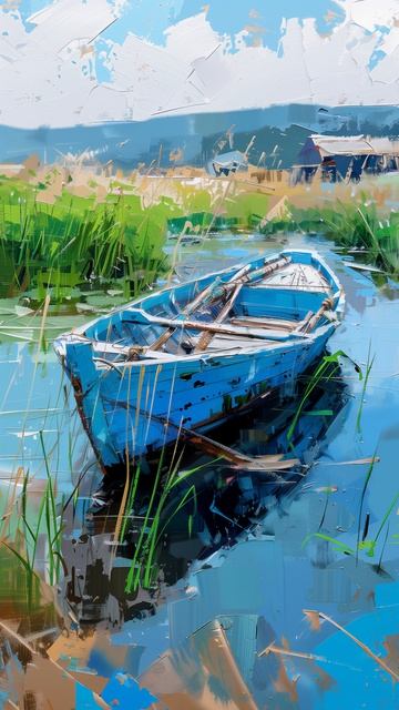 Лодка среди камышей (картина #1104) / Арт-студия Нормова