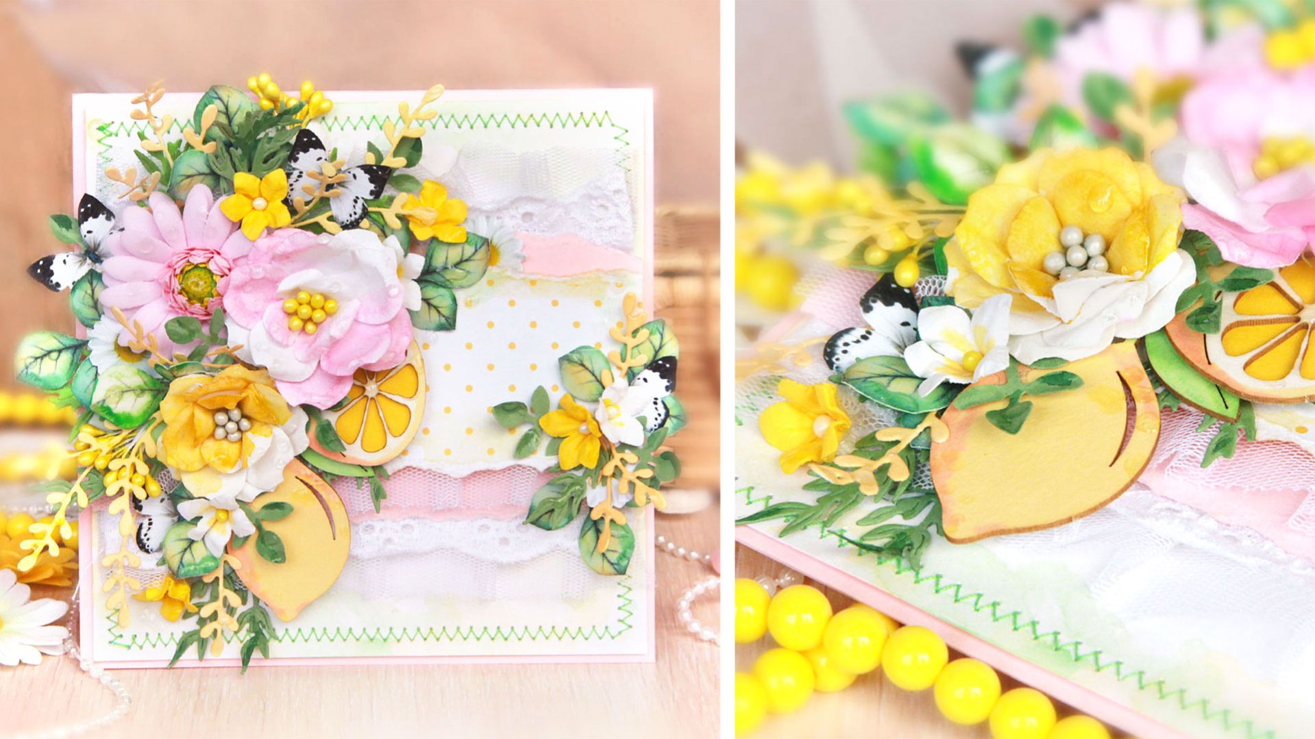 КАК Я ДЕЛАЮ ОТКРЫТКУ с лимонами, герберами, мелкоцветами, декоративными цветами 💛 СКРАПБУКИНГ