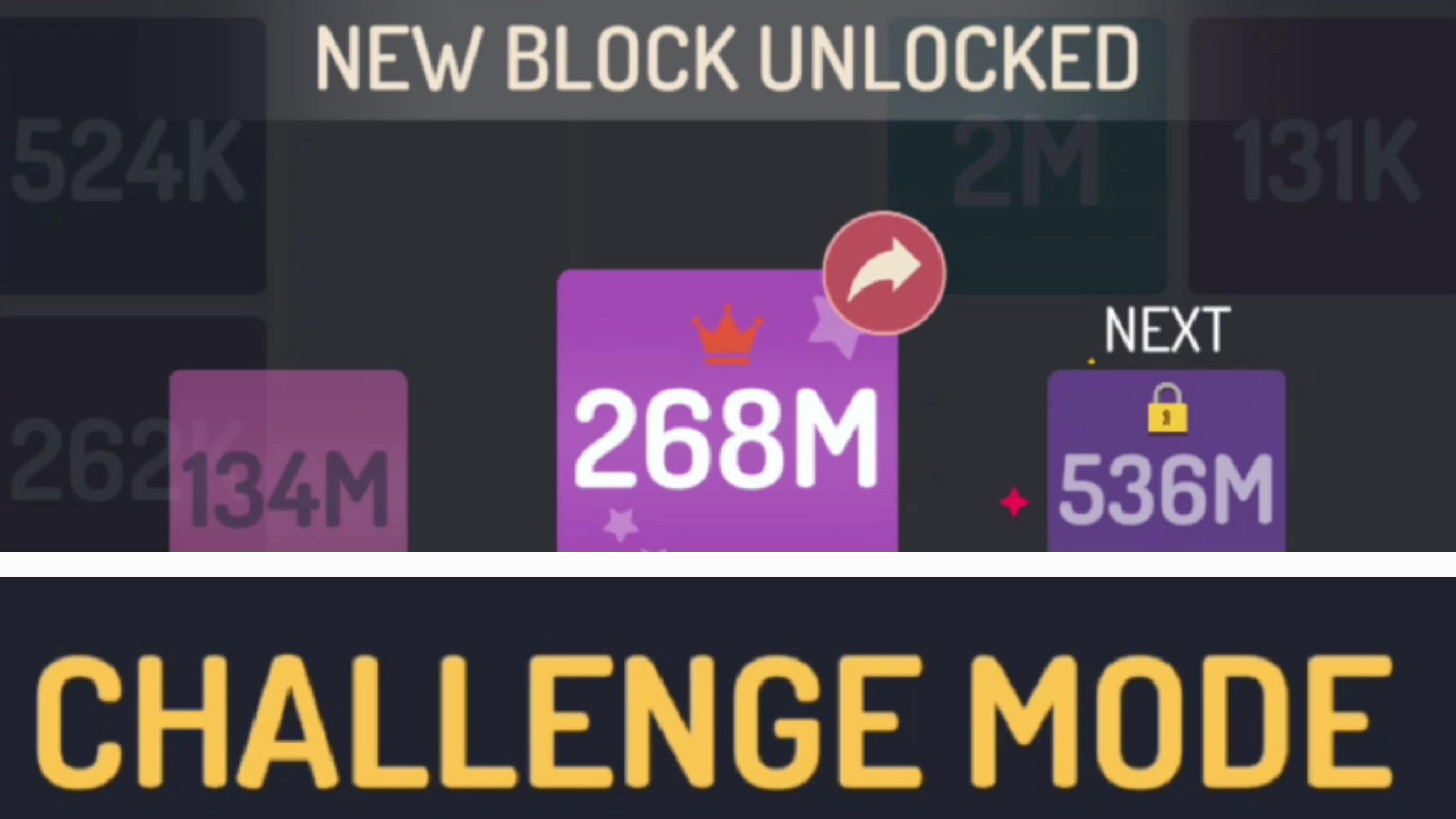 Merge Block (67M → 134M → 268M) + unlock CHALLENGE MODE
