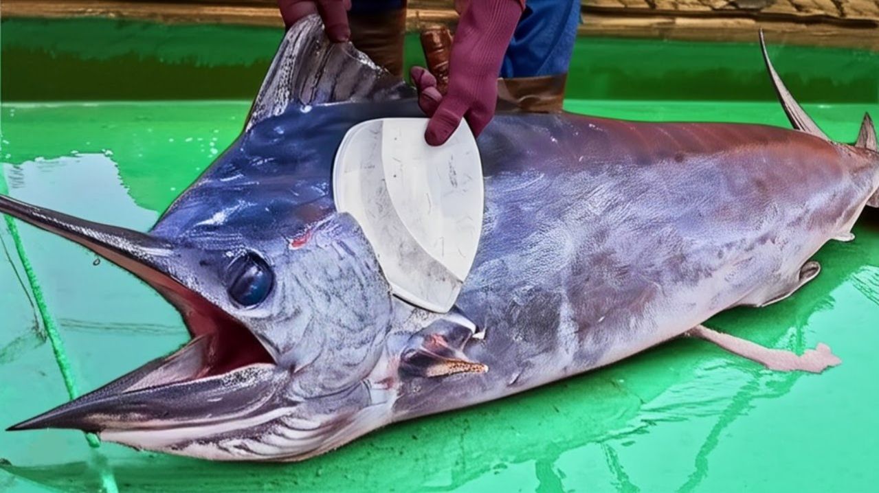 Мастерское мастерство разделки 300-килограммового гигантского марлина для сашими премиум-класса