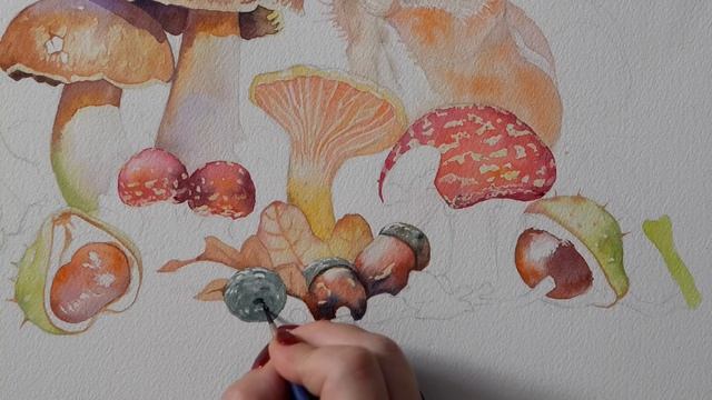 Осенний лес. Акварель 🍁 Рисуем грибы и бурундука