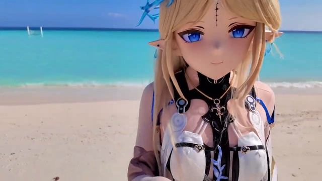 Holding hand of Kigurumi Doll at the seaside.