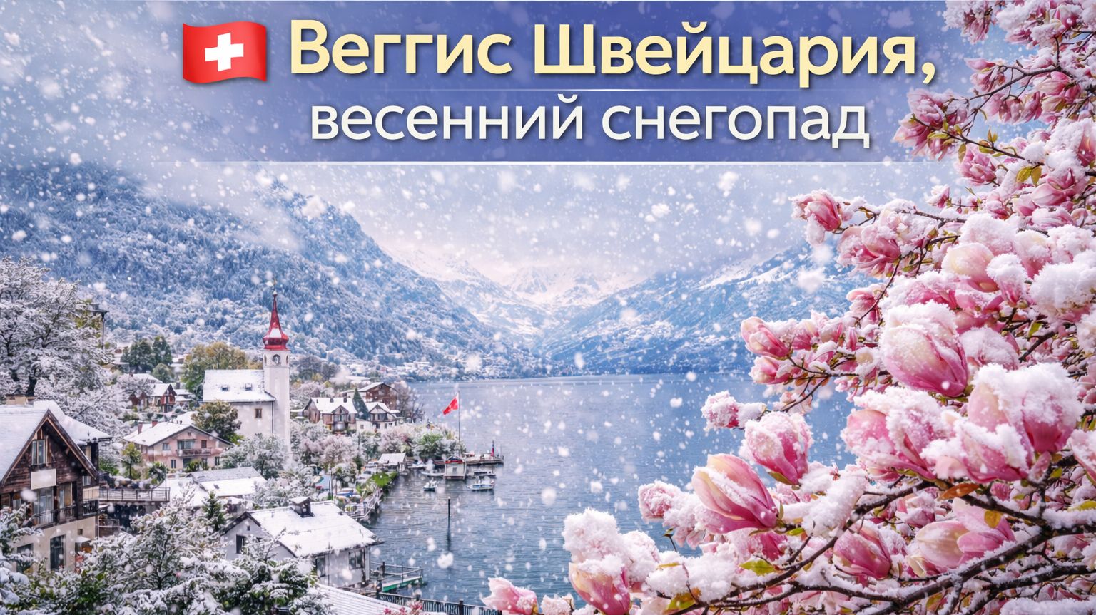 Редкий весенний снегопад в красивой швейцарской деревне 🇨🇭 Веггис Швейцария 4K