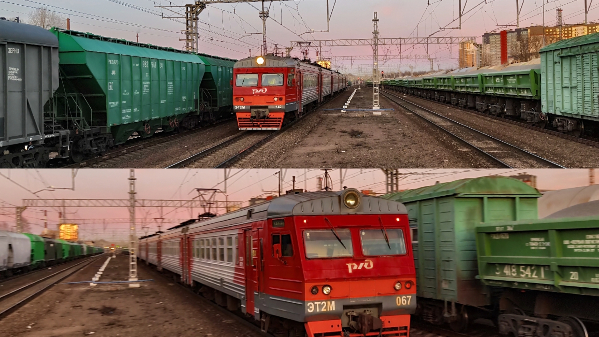 ЭТ2М 067 СПб - Невская Дубровка и ЭТ2М 142 Ладожское озеро - СПб на станции Кушелевка.