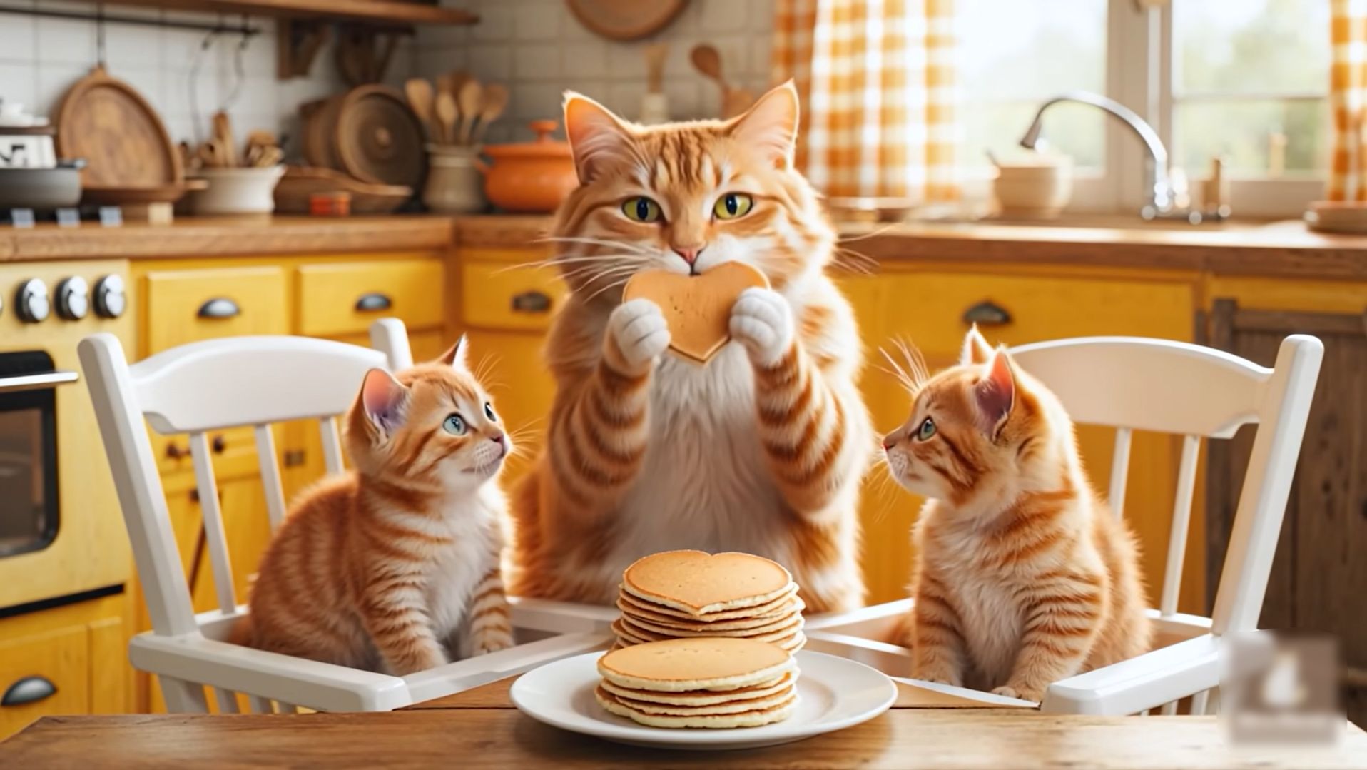 😹Мама кошечка со своими маленькими котятками ест вкусные и сытные блинчики в виде сердечка🔥