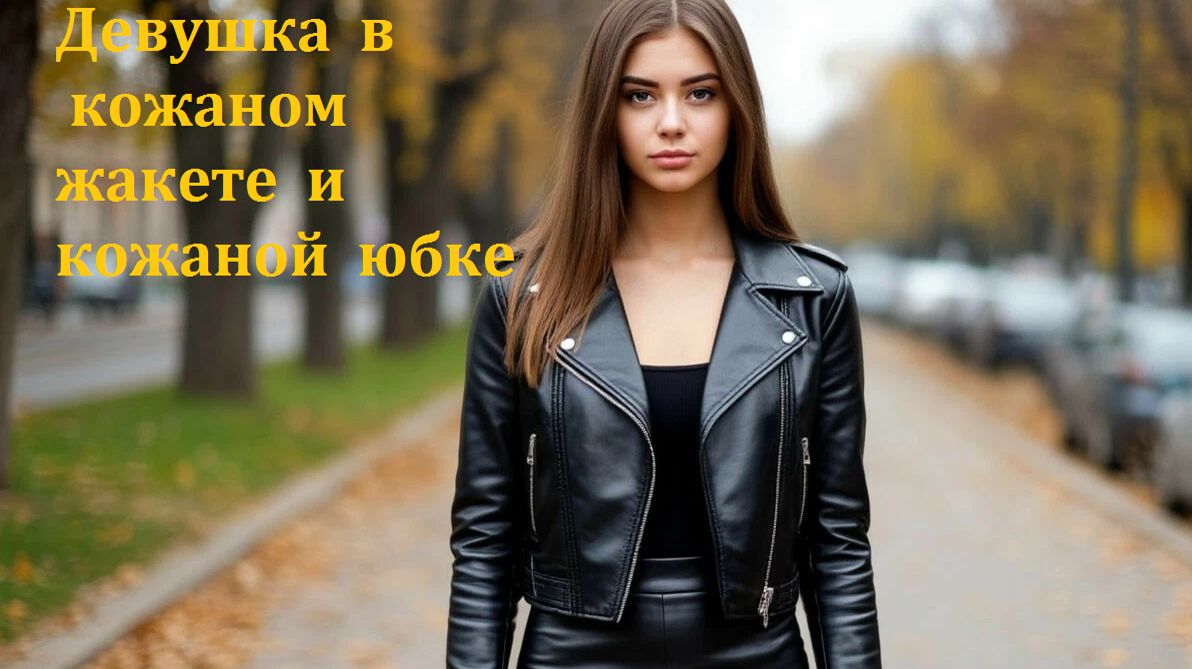 Девушка  в кожаном жакете  и кожаной  юбке