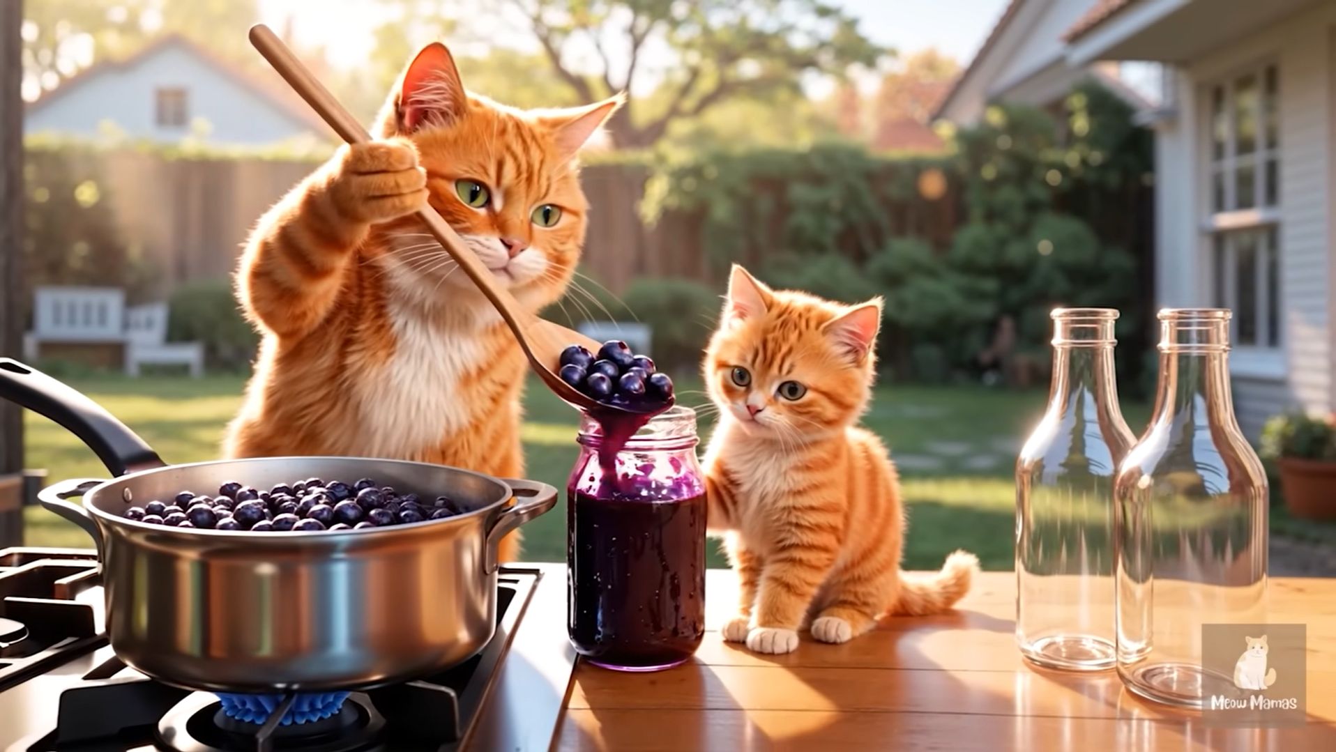 😹Мама кошечка со своим маленьким сыночком собирают спелую чернику и делают из неё вкусное варенье🔥