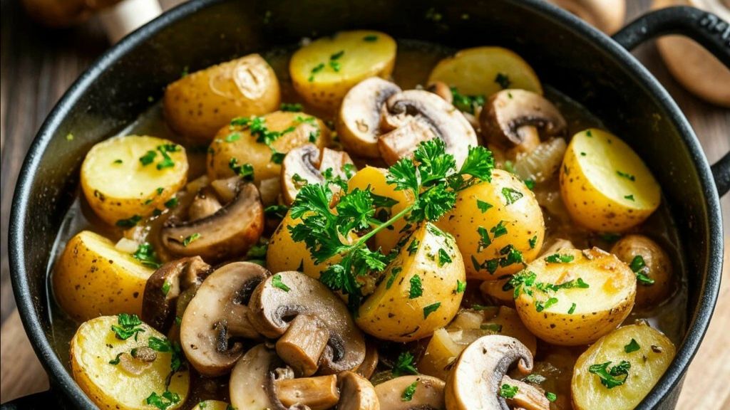 Картофель с грибами, тушёный в казане