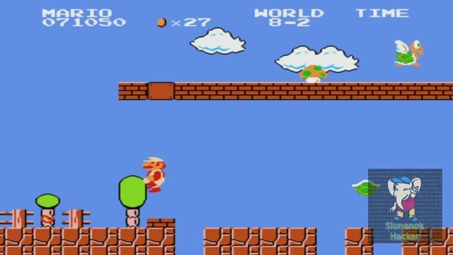 Слонёнок Хакер проходит сломанный Mario 1. Застрял в батуте на уровне 8-2