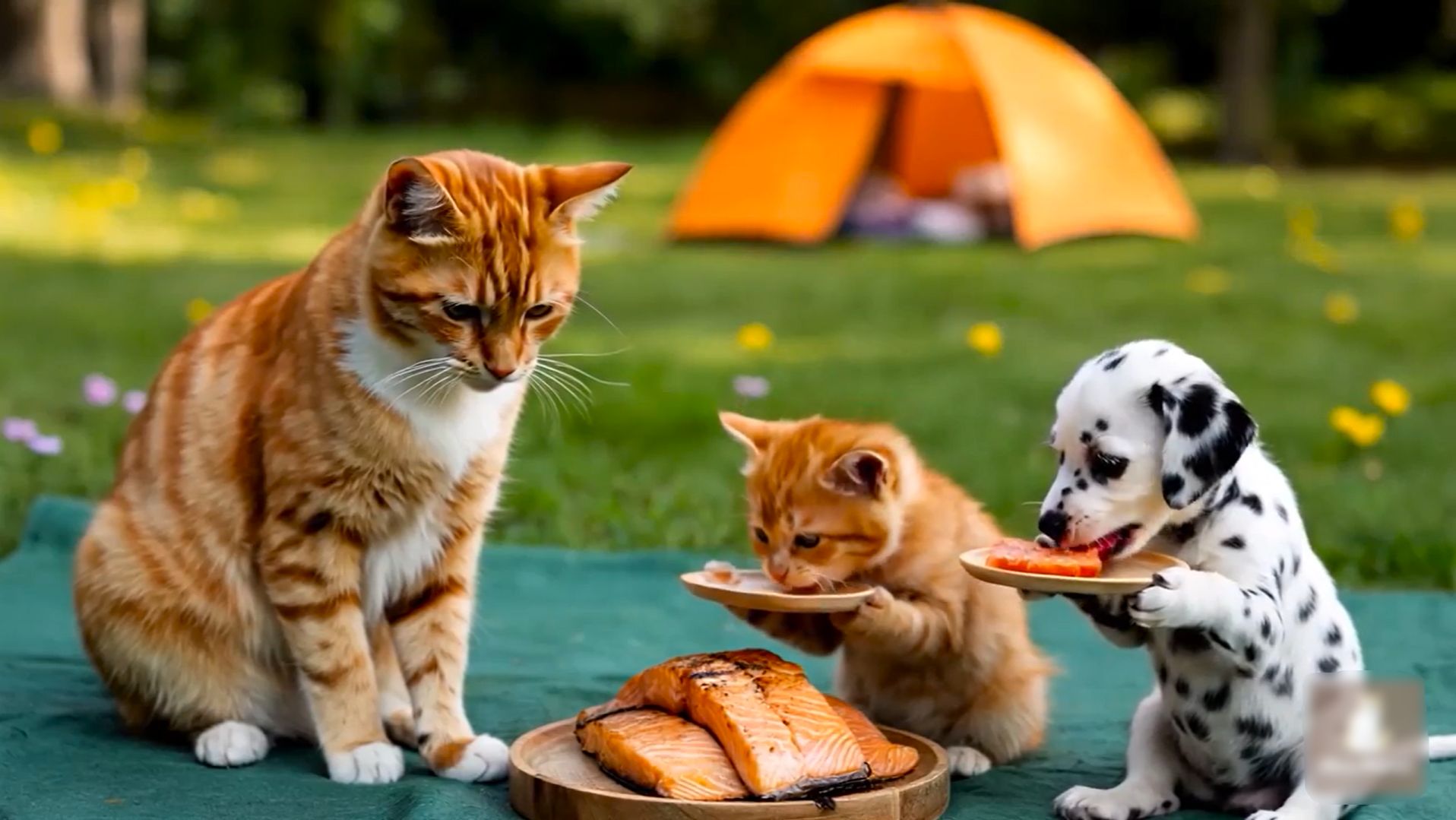 😹Мама кошечка кормит вкусной рыбкой своего маленького котёночка и их ушастого друга🔥