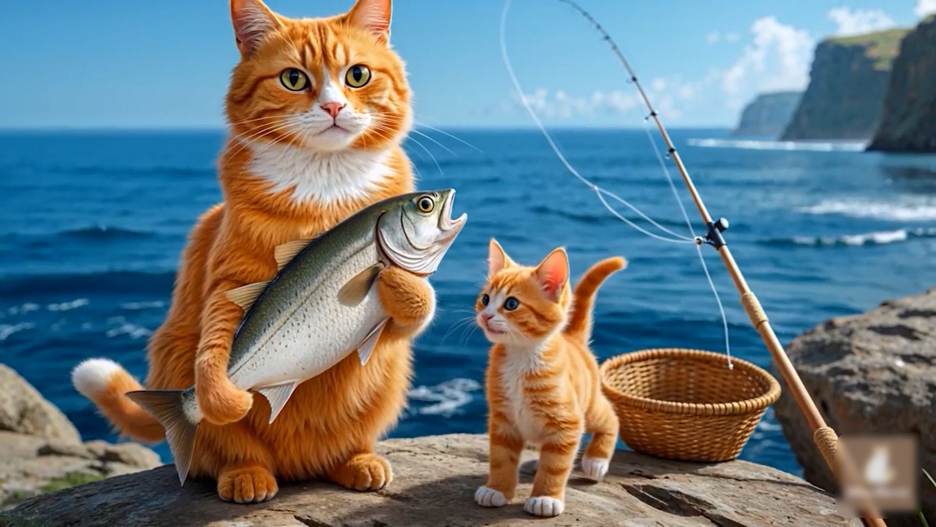 😹Мама кошечка ловит рыбку со своим маленьким котёночком🔥