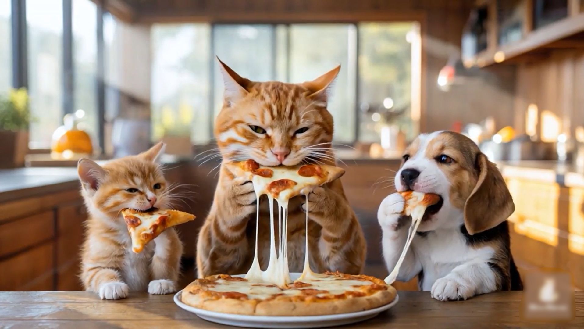 😹Мама кошечка ест вкусную пиццу со своим маленьким котёночком и их ушастым другом🔥