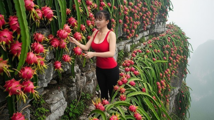 Собираю много драконьих фруктов на высоком утёсе для продажи на сельском рынке.