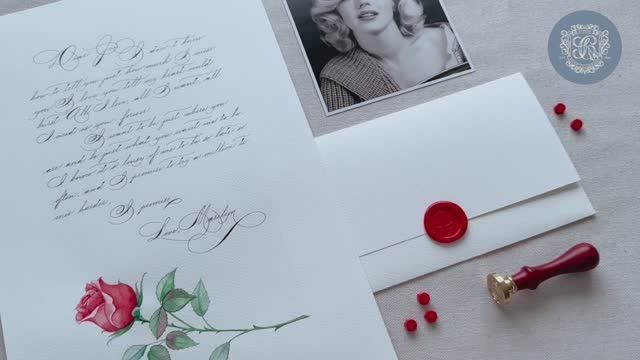 Письмо Мэрилин Монро. Любовное письмо, написанное от руки, с акварельной розой. Каллиграфия пером