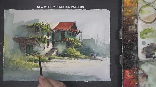 Как нарисовать залитый солнцем деревенский дом. Мастер-класс по акварели