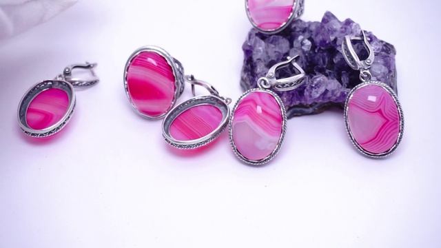 Гарнитур серьги кольцо крупные украшения камень агат фуксия посеребрение 4138