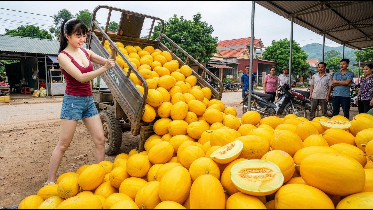 Собрала много желтых дынь, арбузов, питахайю и джекфрукт. Торговля на рынке. Таймлапс. Фуонг