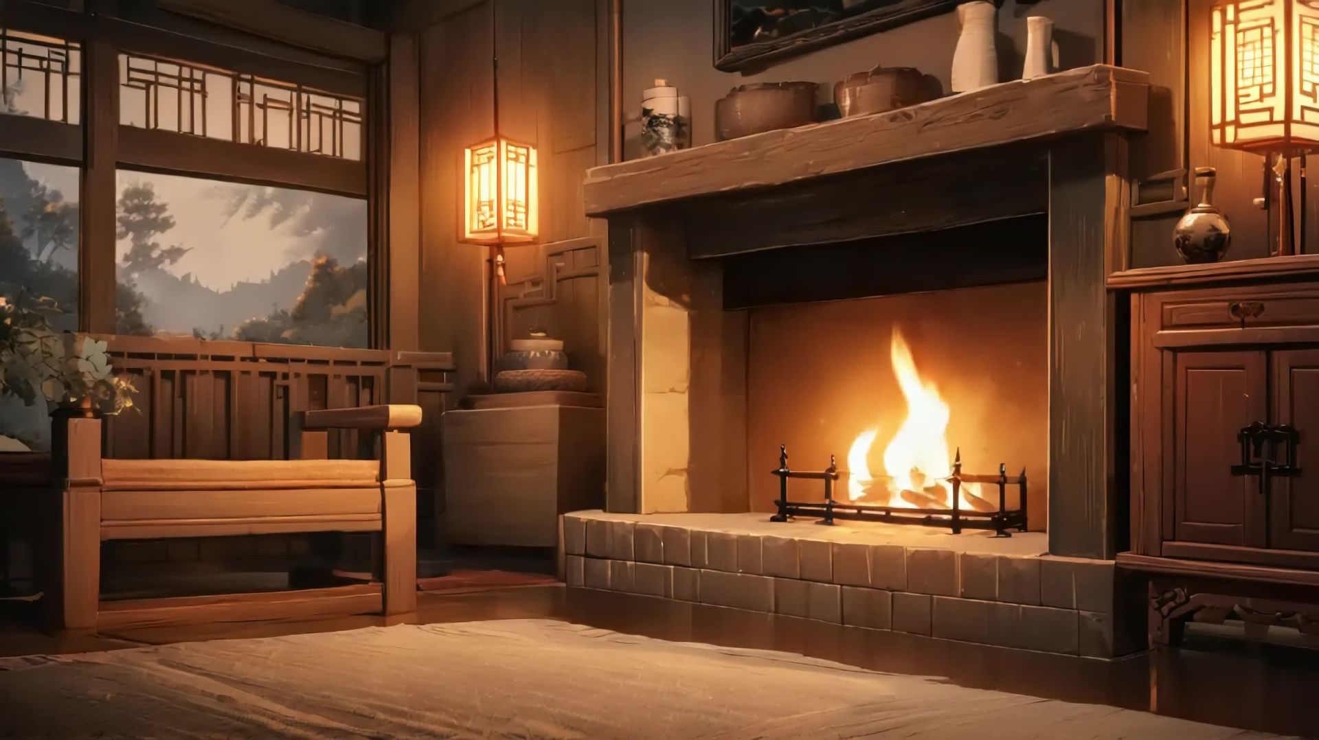 Уютный дом с камином в китайском стиле — спокойная анимация для сна