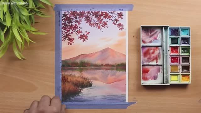 Акварельный пейзаж: горы на закате — шаг за шагом. Мастер-класс по рисованию акварелью