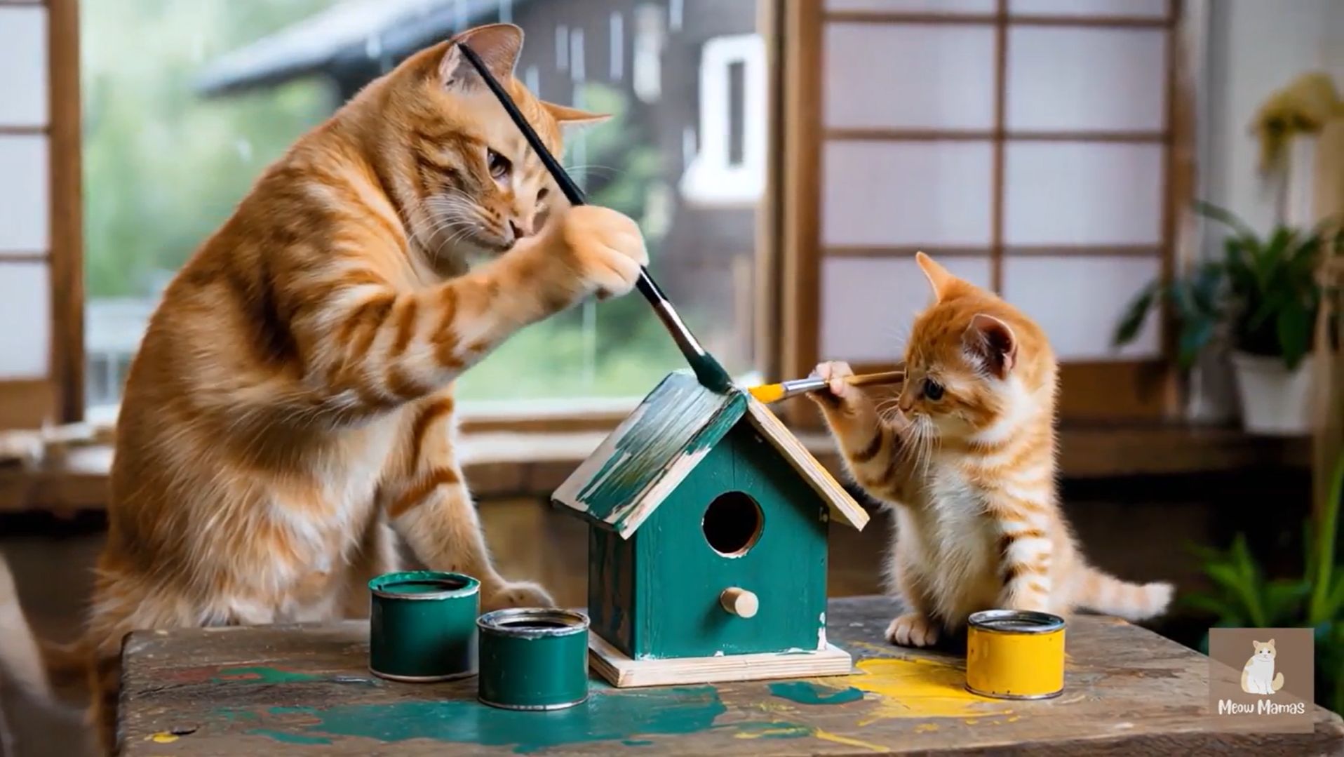 😹Мама кошечка со своим маленьким сыночком делают красивый скворечник для птиц🔥