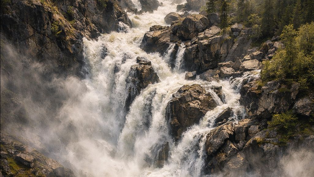 Мощный водопад Учар (Чульчинский) в долине Чулышма