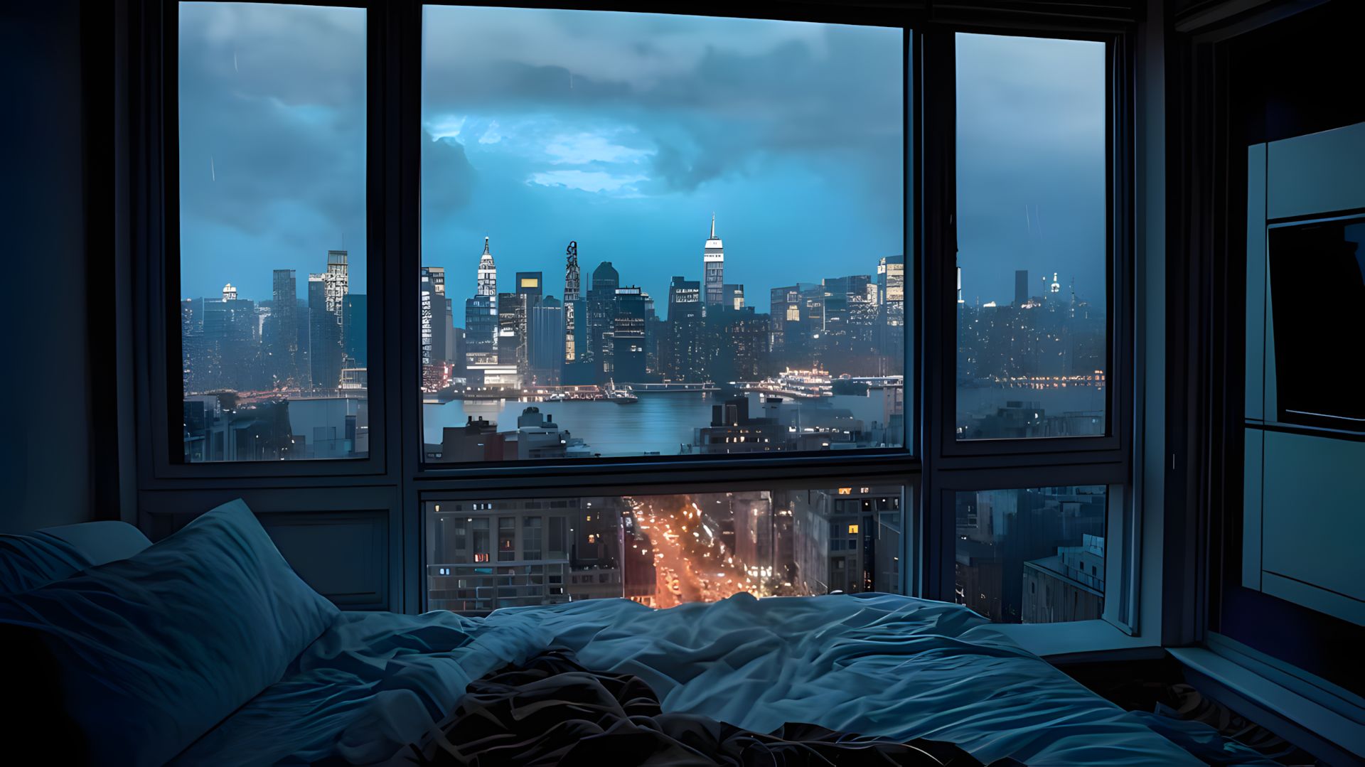 Штормовая ночь в нью-йоркской квартире. 🌧️ Спокойная дождливая атмосфера для чтения и сна.