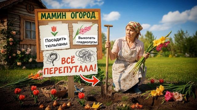 Попросила маму посадить луковицы тюльпанов и выкопать гладиолусы.