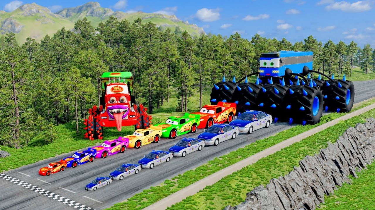 Гигантский самосвал против машинок Молния МакКуин, полицейской машины и шипов. Мультики для детей