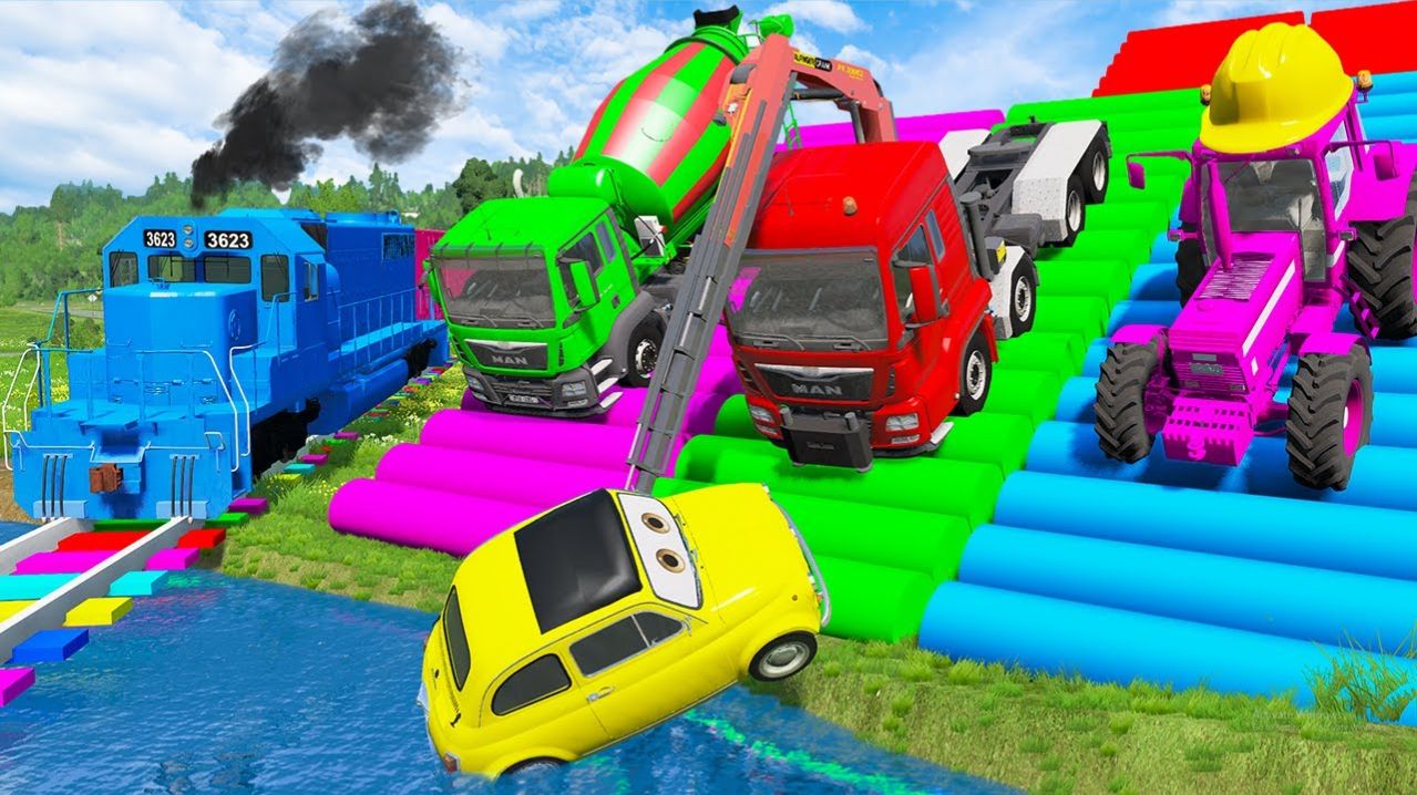 Мультики для детей. Спасение на грузовике с платформой - Машины против рельсов и поезда. Мультики