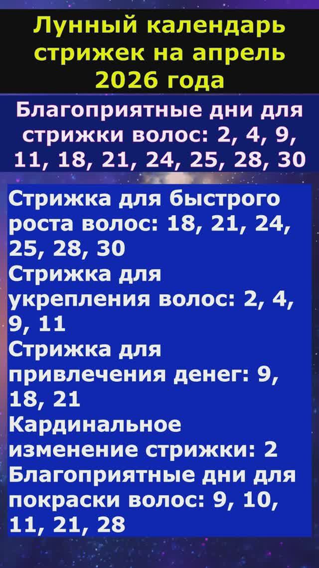 Календарь Стрижек по лунному календарю на Апрель 2026