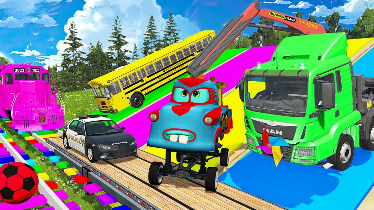 Мультики для детей. Веселые тачки против грузовика–монстра с прицепом-спасателем. Детские мультики