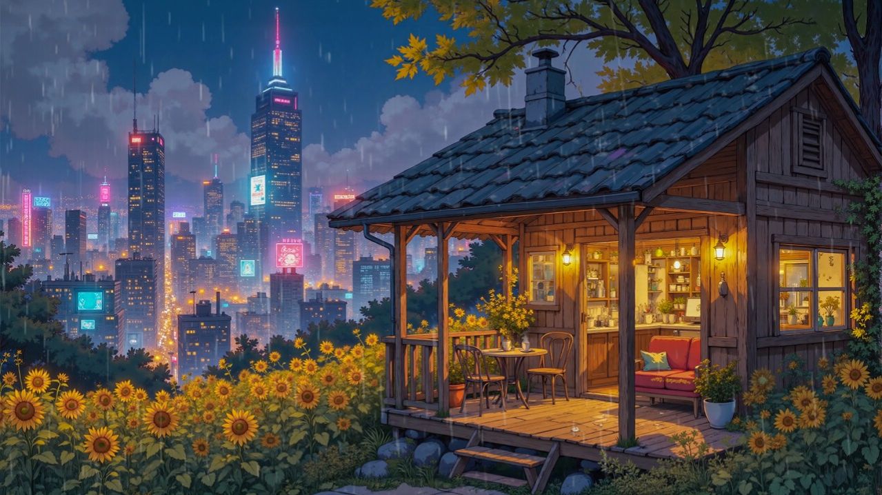 Hidden Cabin with a View 🌻 Rain, Flowers, and Urban Glow 🌧️ Lofi Beats for Study
