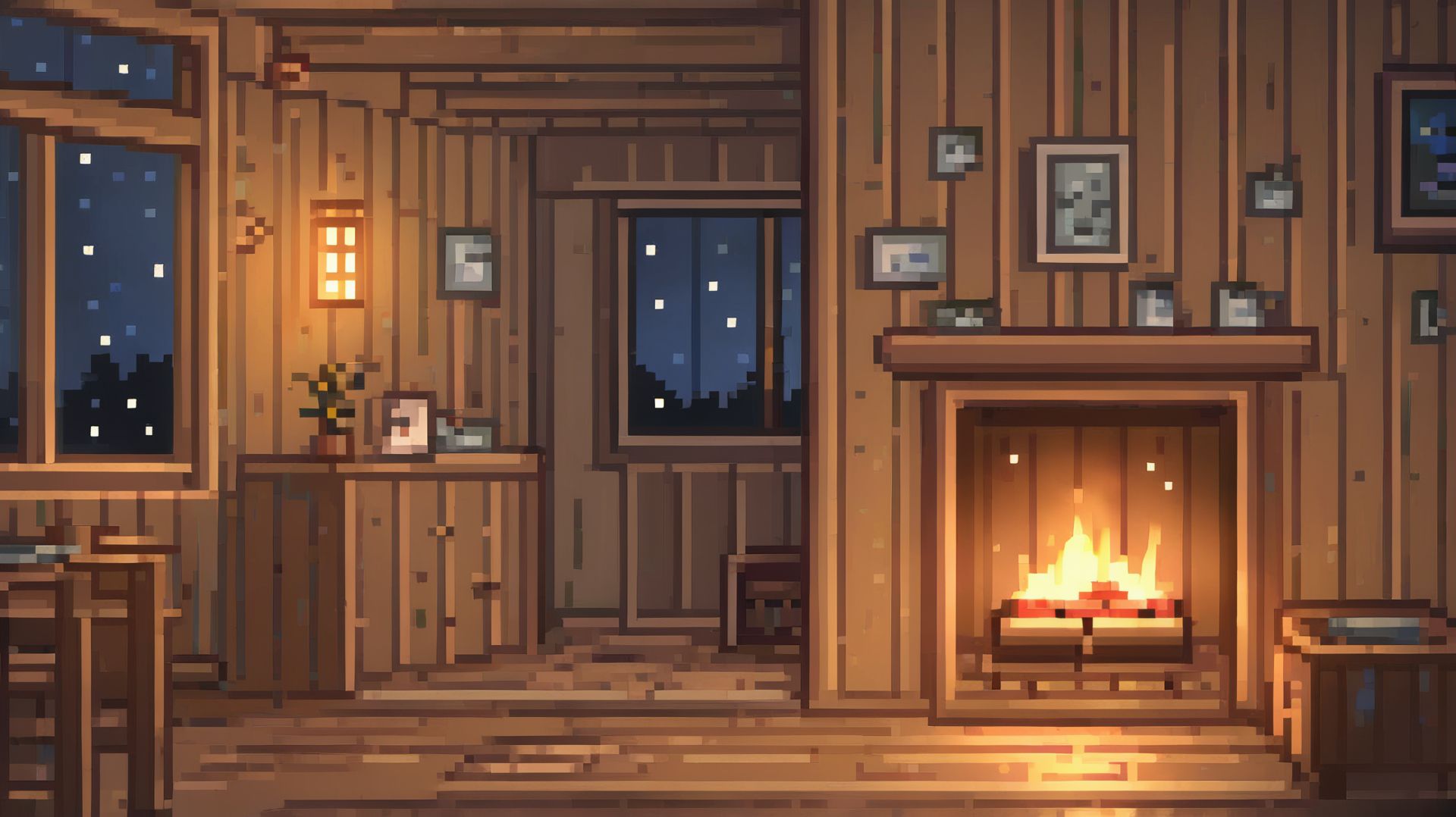 Тепло огня и мерцание звёзд за окном — уютная анимация для сна