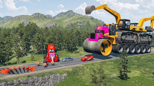 Гигантская ДРОБИЛЬНАЯ БУЛЬЗЕР Mack Truck Eater VS Cars Молния Маккуин и полицейская машина и шипы