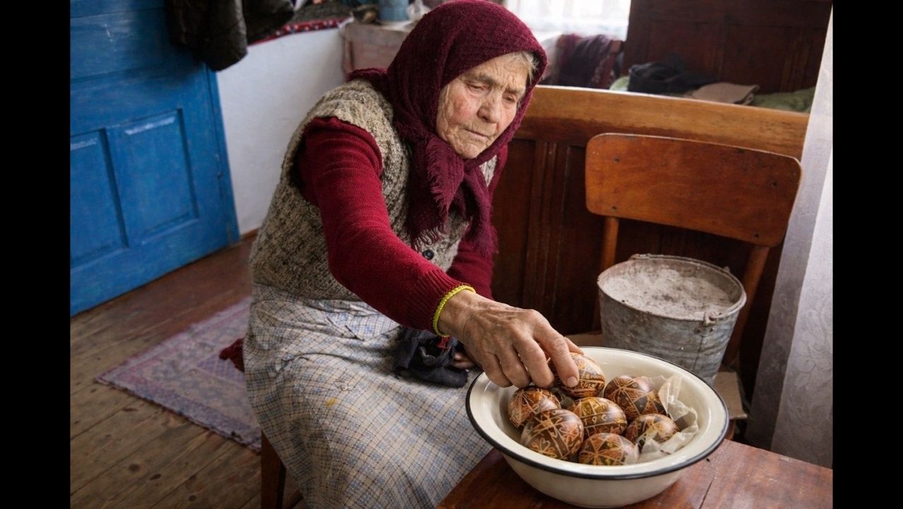 Бабушка готовится к Пасхе в горной деревне. Традиции и спокойствие.