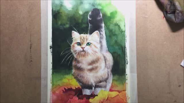Акварельный рисунок кошки (в ускоренном режиме + в режиме реального времени)