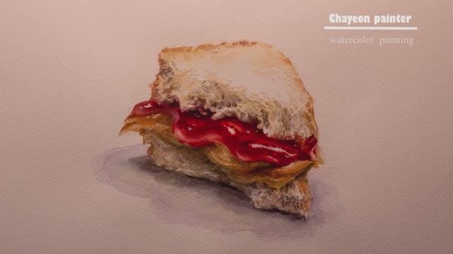 Акварельный рисунок на тему еды, сэндвич