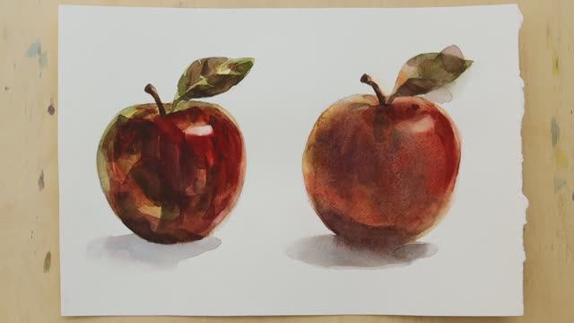 Как нарисовать акварелью яблоко 🍎 ДВА разных способа. Один объект — два стиля